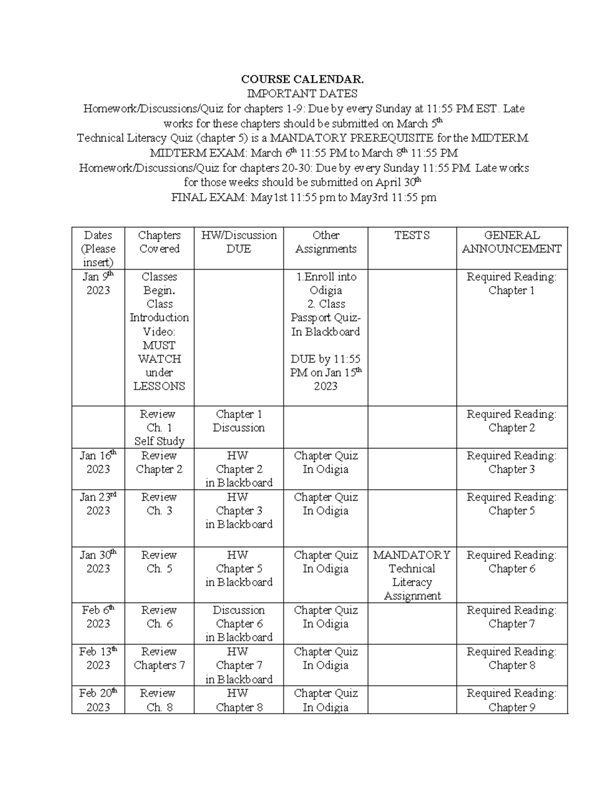 1101 Course Calendar Online - COURSE CALENDAR. IMPORTANT DATES Homework ...