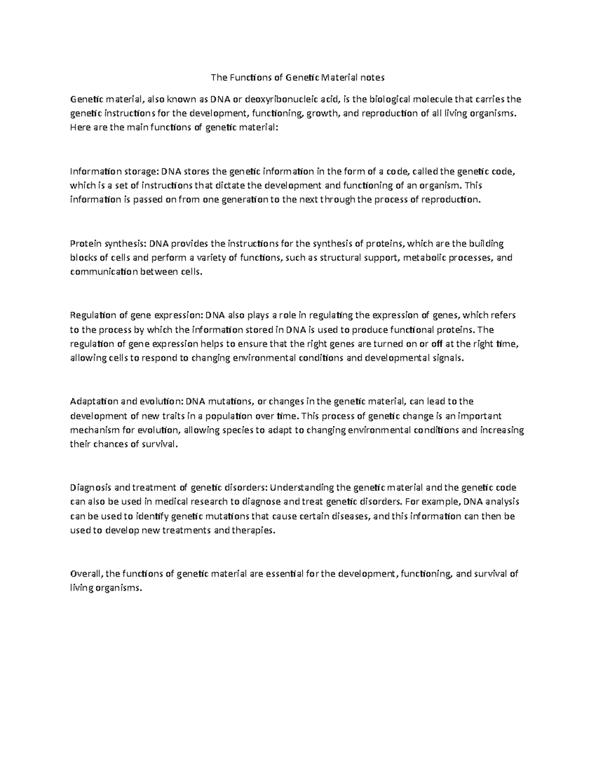 The Functions of Genetic Material notes - Here are the main functions ...