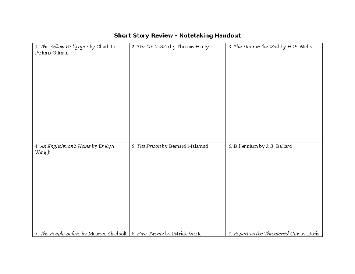 Short Story Review - Notetaking Handout - May 2024 - Short Story Review ...