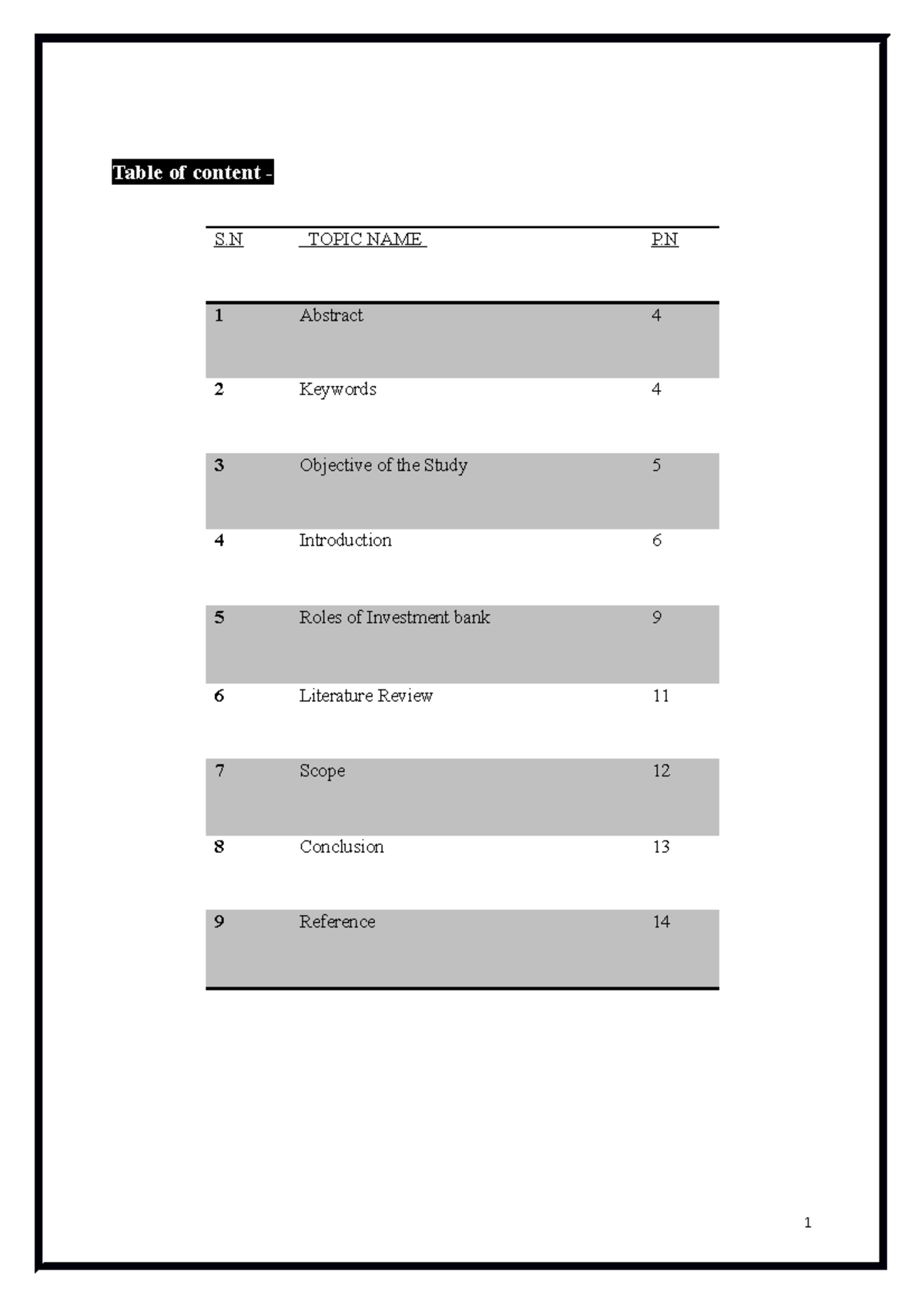 Research Report (SAIM) - Table of content - 1 Abstract S TOPIC NAME P 2 ...