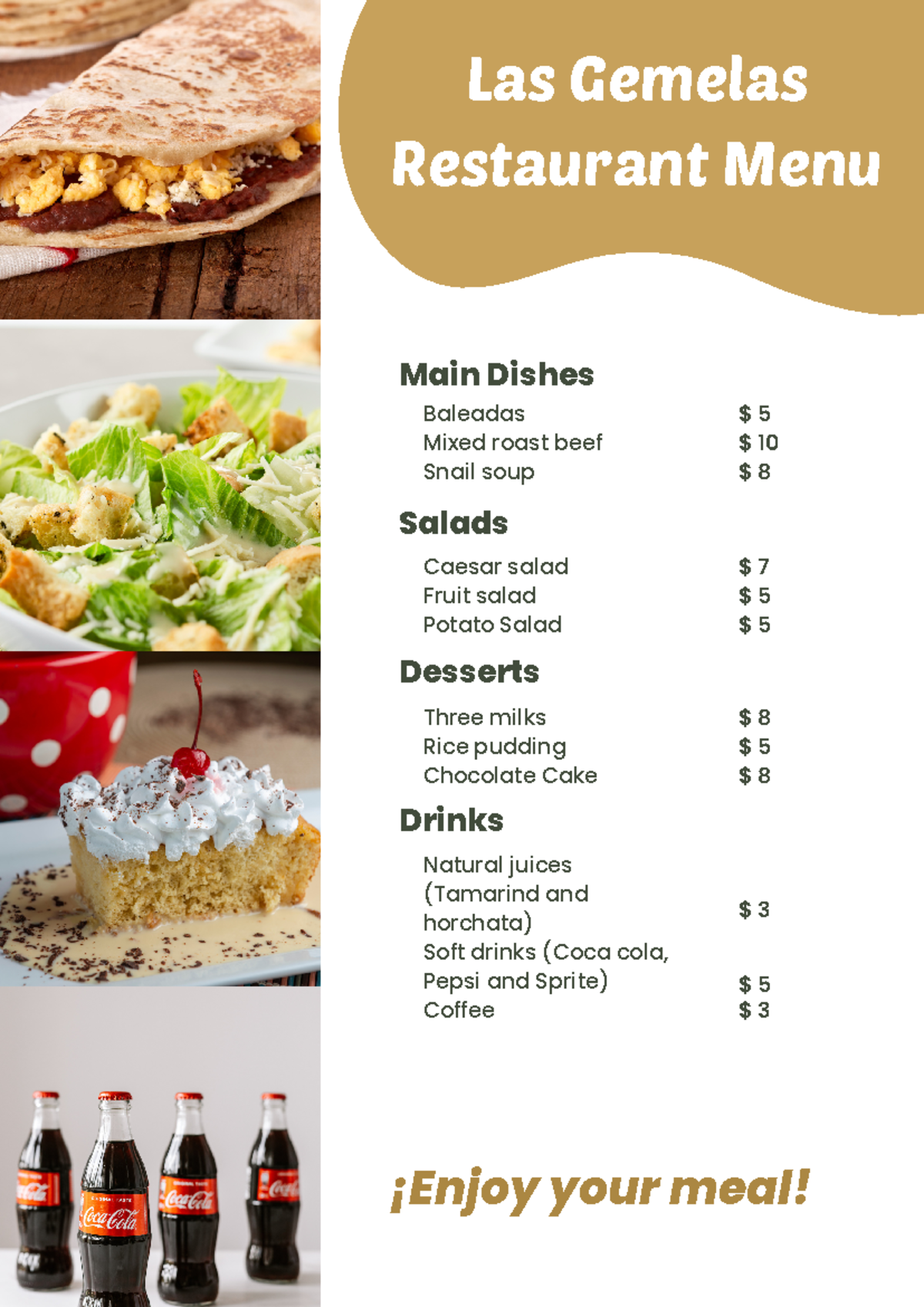 Production MENU - Las Gemelas Restaurant Menu Baleadas Mixed roast beef ...