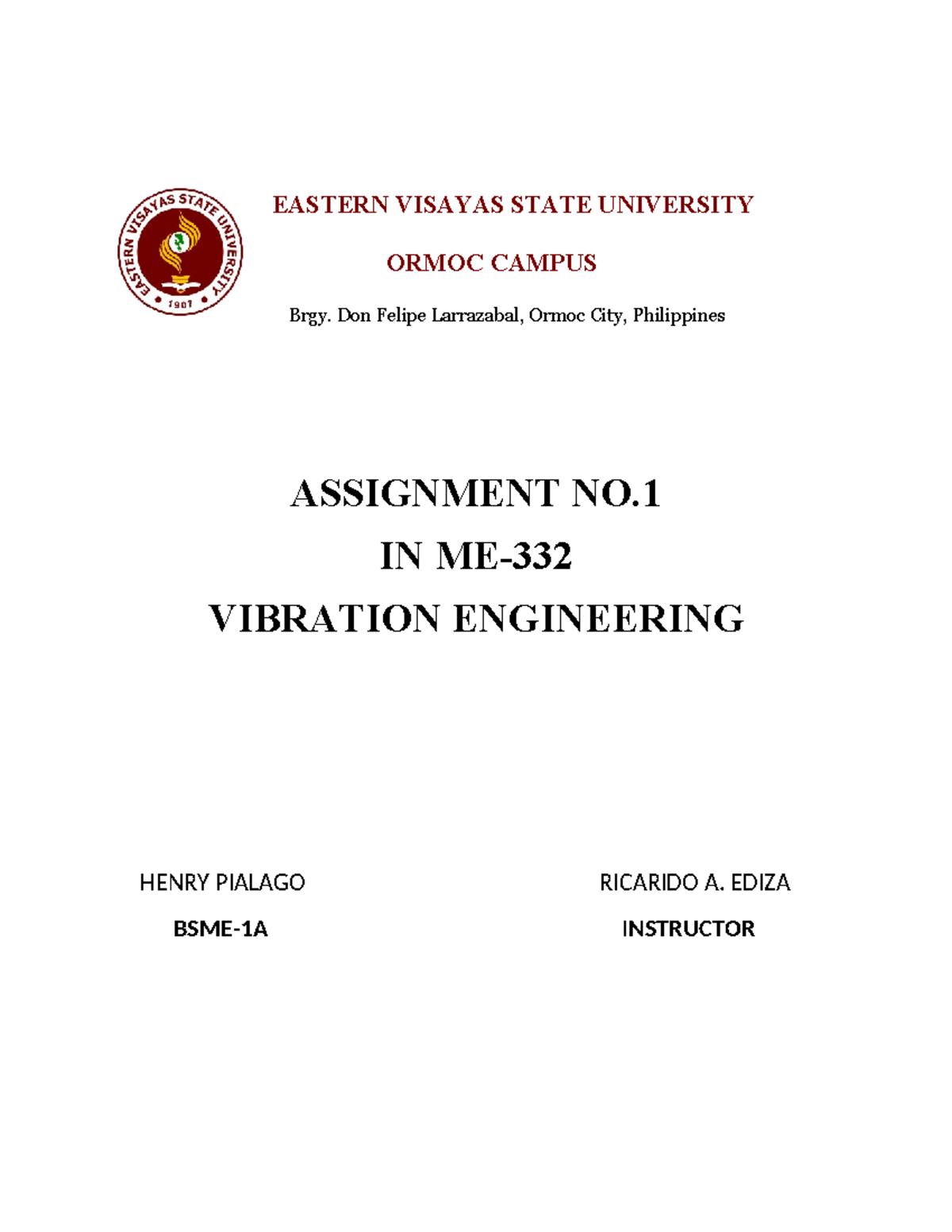 Pialago Cover PAGE - Mechanical Engineering - EASTERN VISAYAS STATE ...