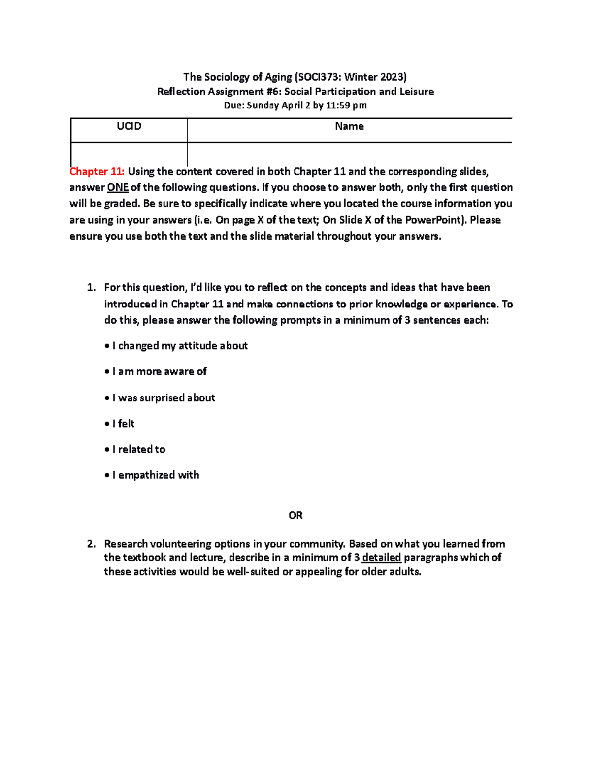 Reflection Assignment #6 - The Sociology of Aging (SOCI373: Winter 2023 ...