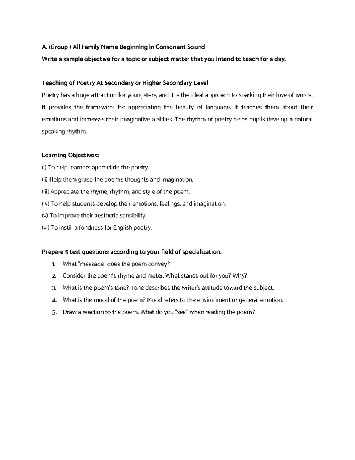 Sample Objective - A. (Group ) All Family Name Beginning in Consonant ...