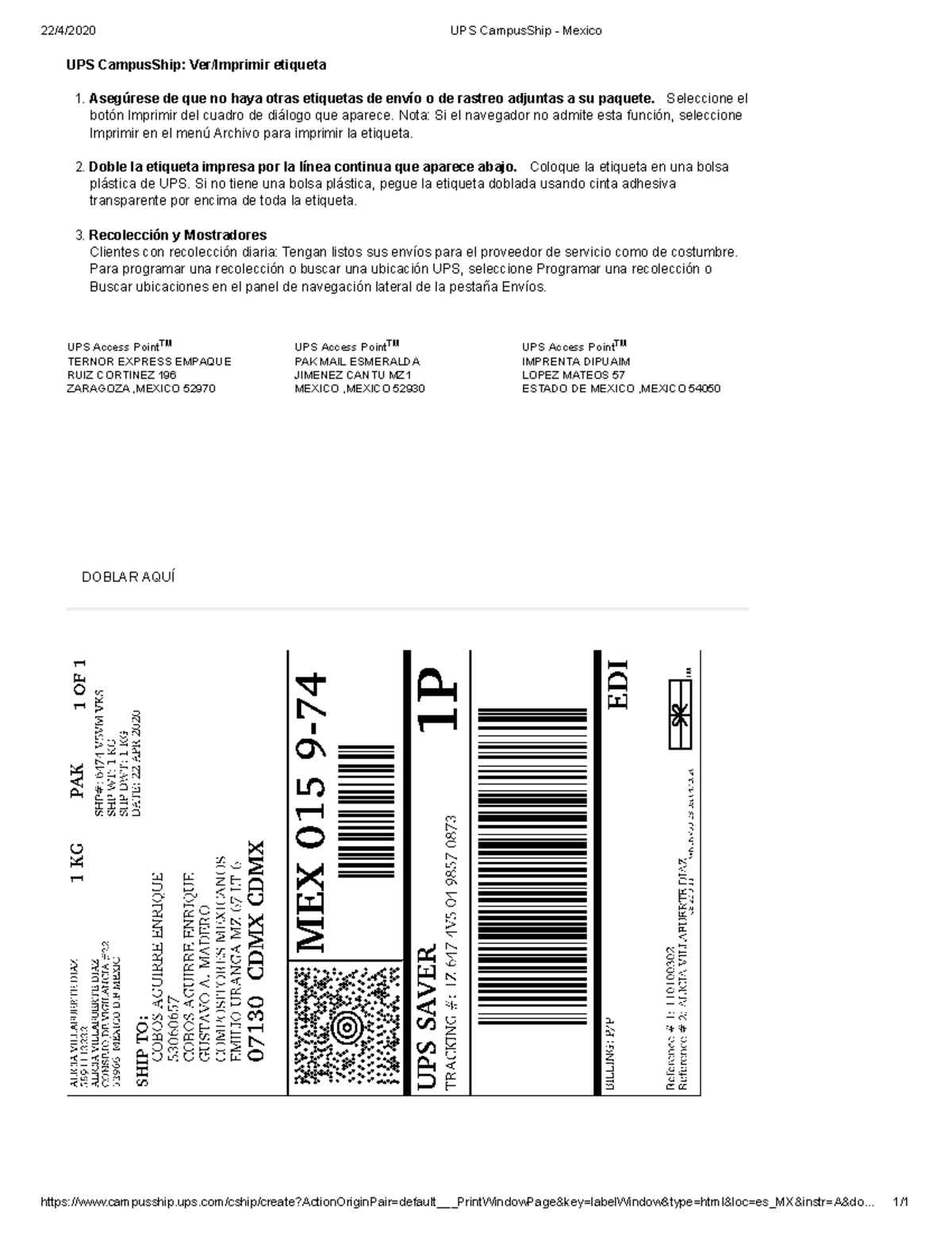 Guia dr cobos - guias - 22/4/2020 UPS CampusShip - Mexico - Studocu