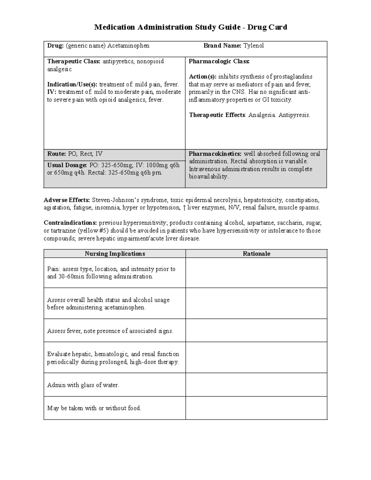 Acetaminophen - Medication Sheet - Medication Administration Study ...