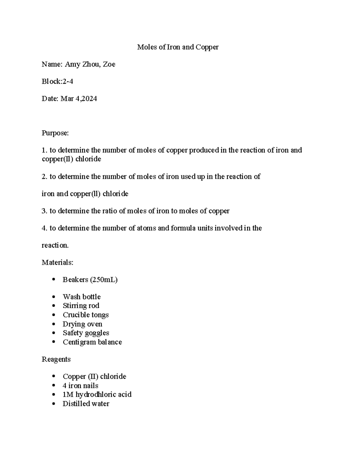 Lab report 3 - Moles of Iron and Copper Name: Amy Zhou, Zoe Block:2 ...