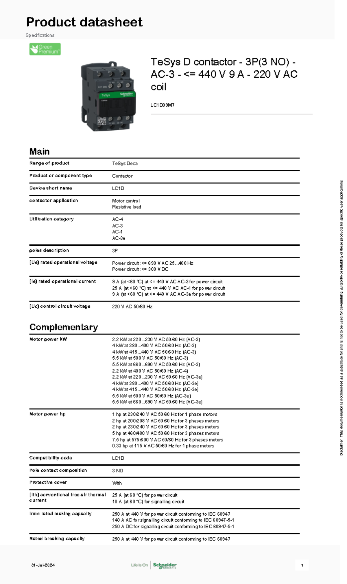 LC1D09M7 - Contactor - TeSys D contactor - 3P(3 NO) - AC-3