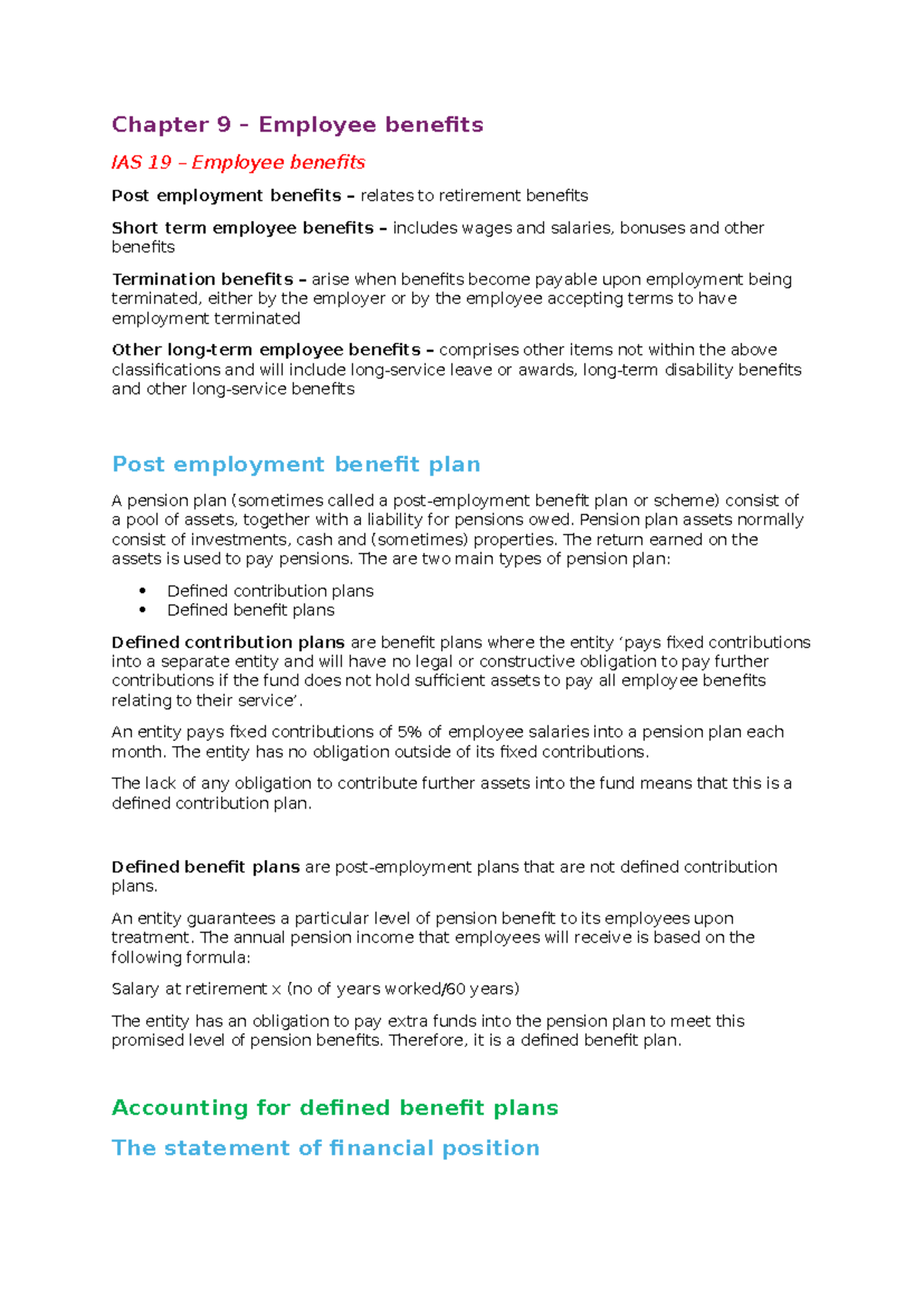 SBR Chapter 9 -employee benefits - Chapter 9 – Employee benefits IAS 19 ...