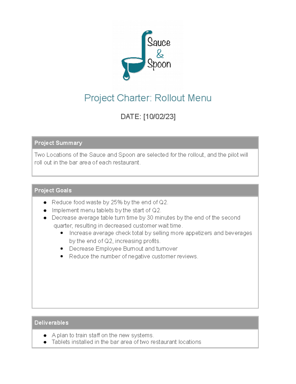 Project Charter - Sauce and Spoon - Project Charter: Rollout Menu DATE ...