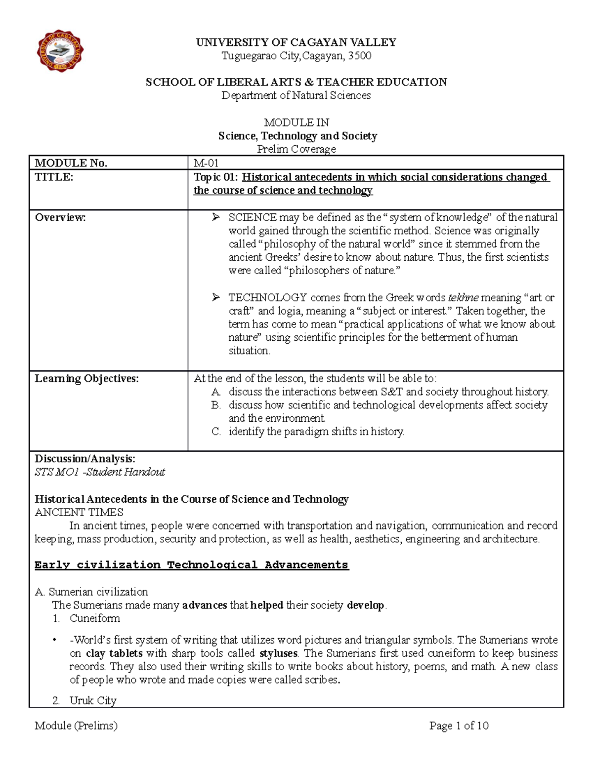 STS PRELIM MODULE - Tuguegarao City,Cagayan, 3500 SCHOOL OF LIBERAL ...