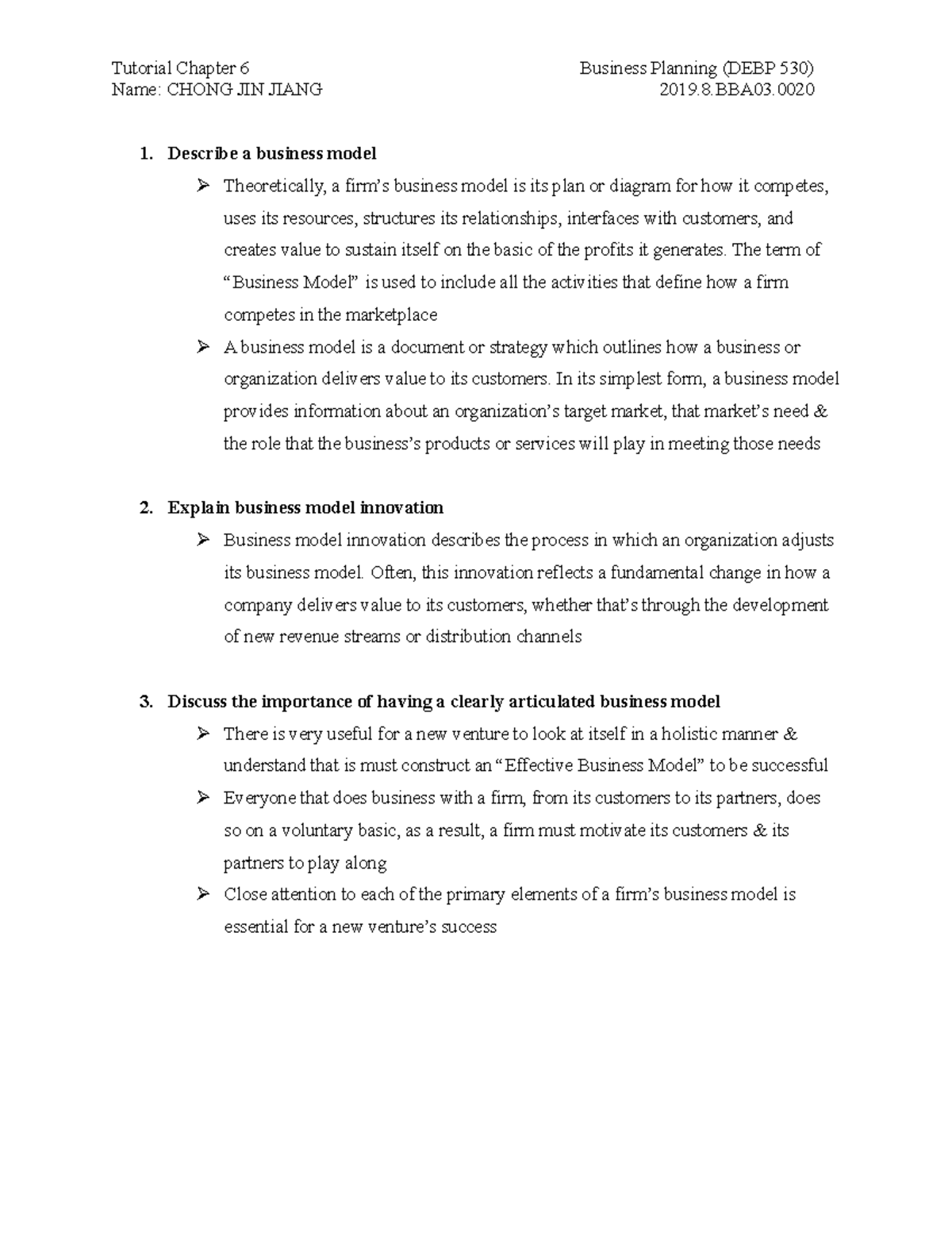 Tutorial Chapter 6 Business Planning (DEBP 530) Chong JIN Jiang 2019 .8 ...