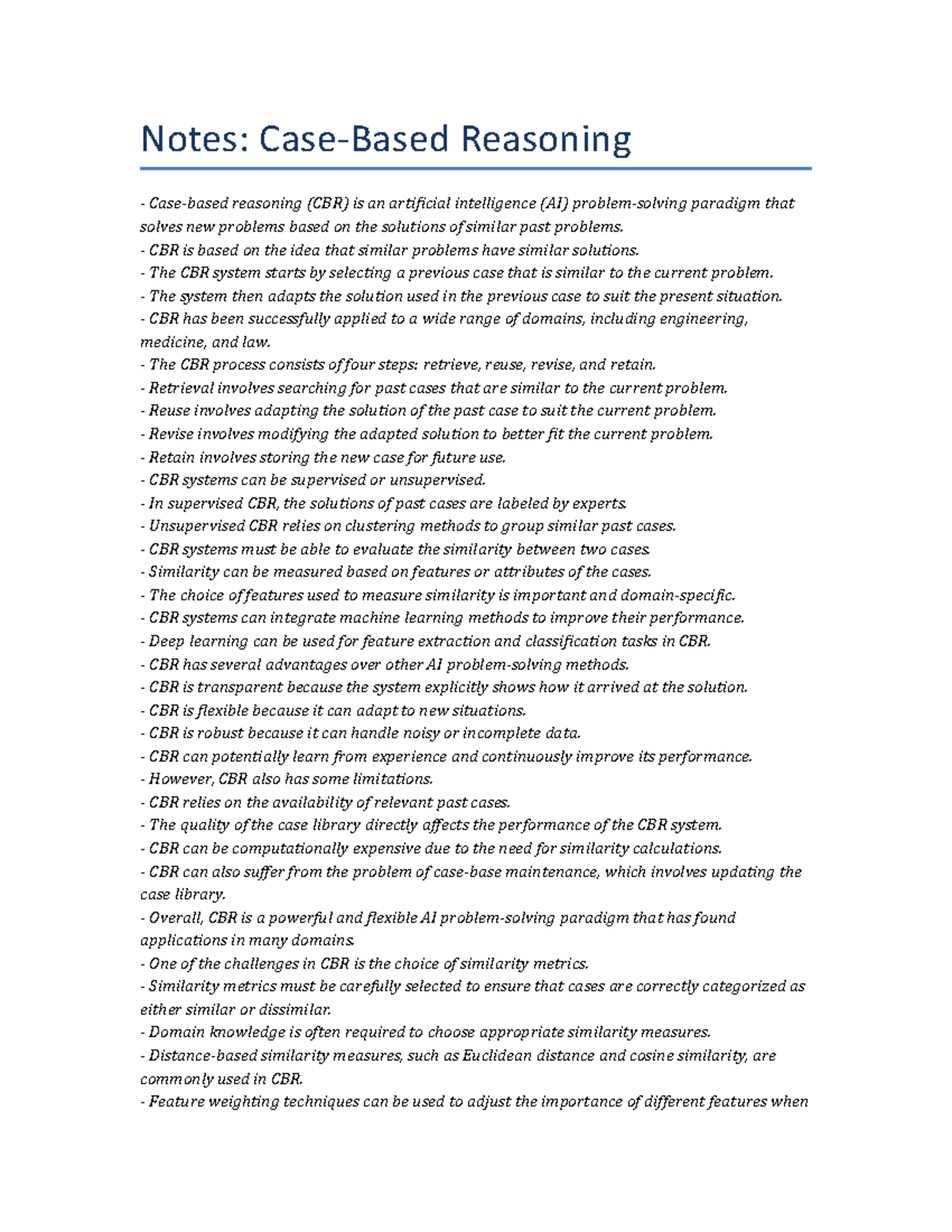 Lecture Notes Case Based Reasoning Notes Case Based Reasoning Case Based Reasoning Cbr Is