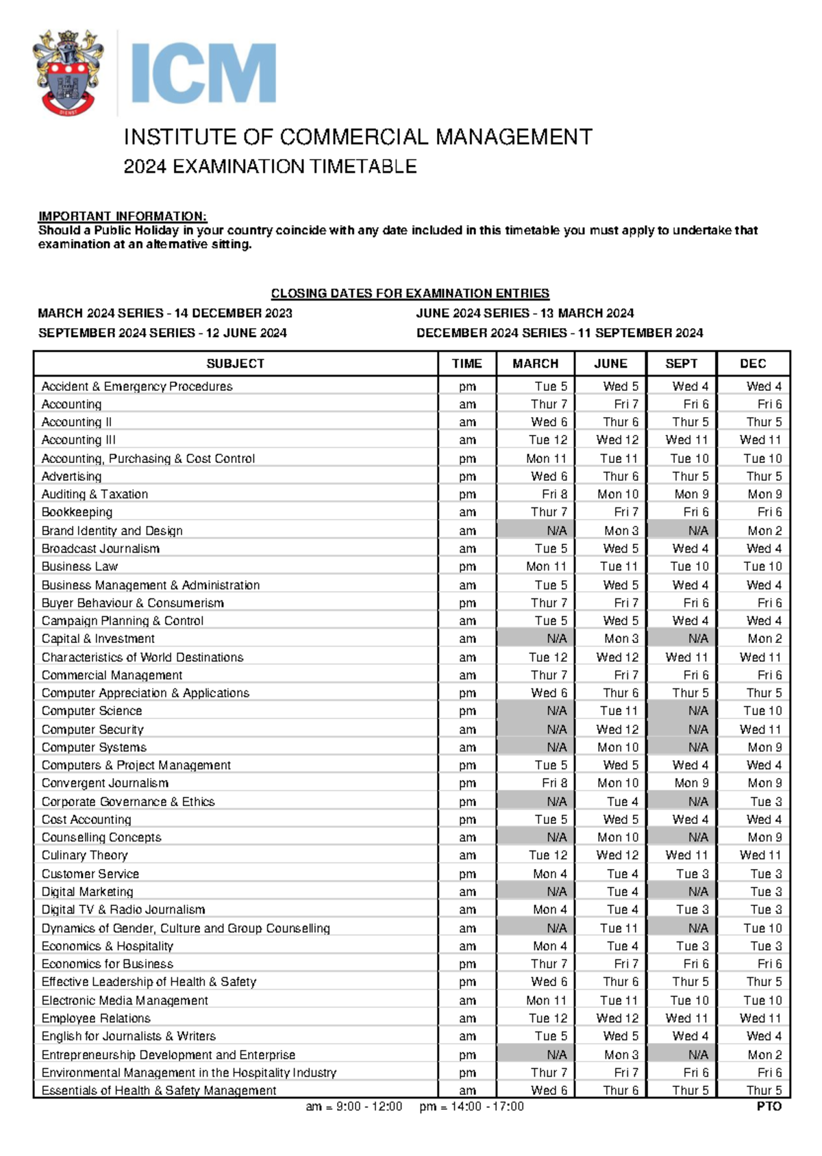 ICM March Timetable 2024 - INSTITUTE OF COMMERCIAL MANAGEMENT 2024 ...