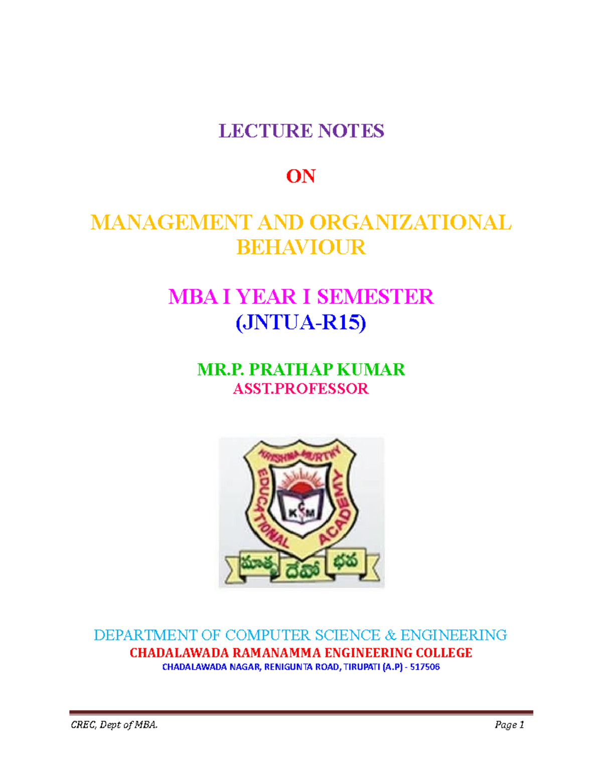 MOB-notes - obbbb - CREC, Dept of MBA. Page 1 LECTURE NOTESON ...
