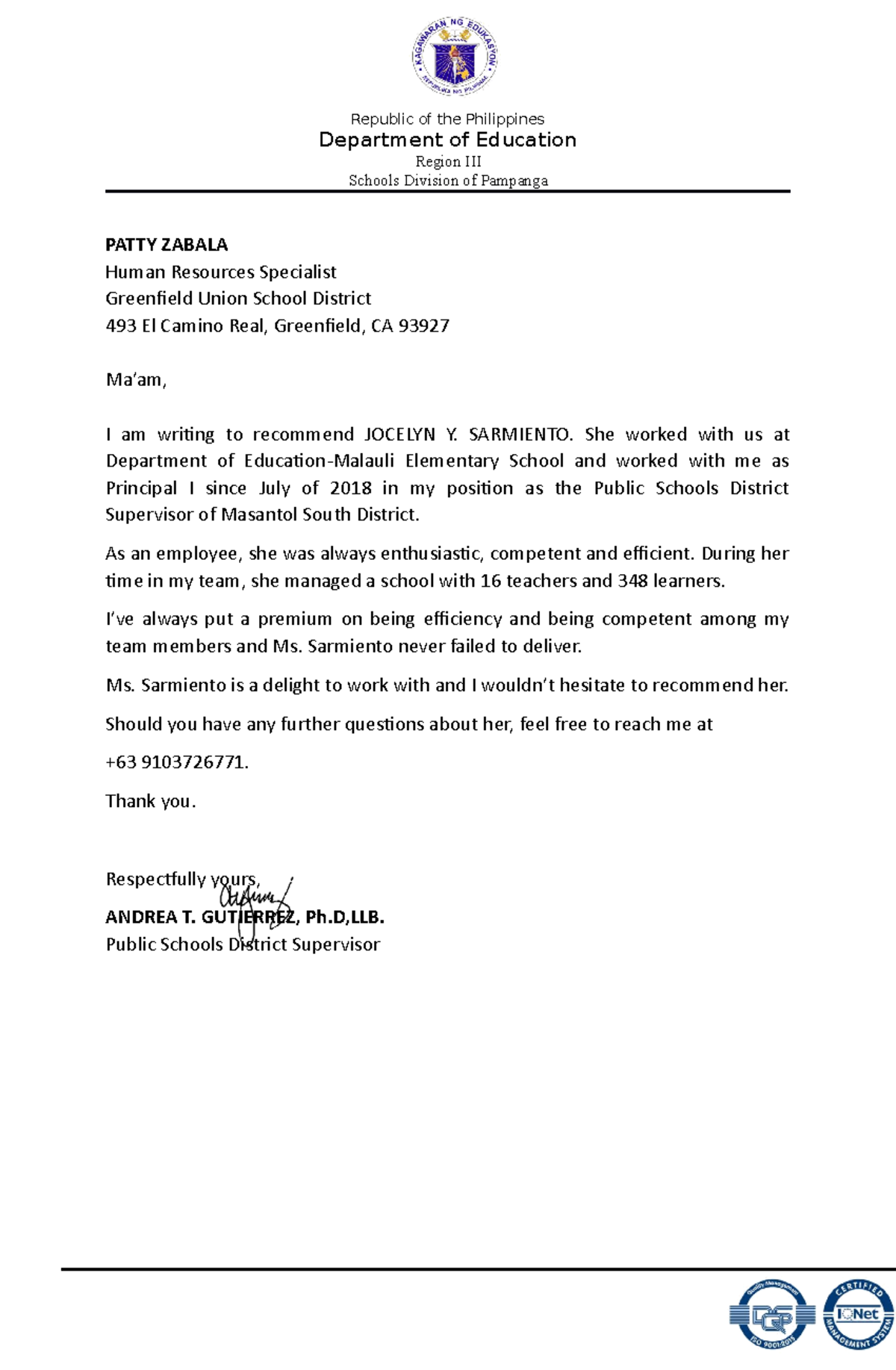 Reference letter - Republic of the Philippines Department of Education ...