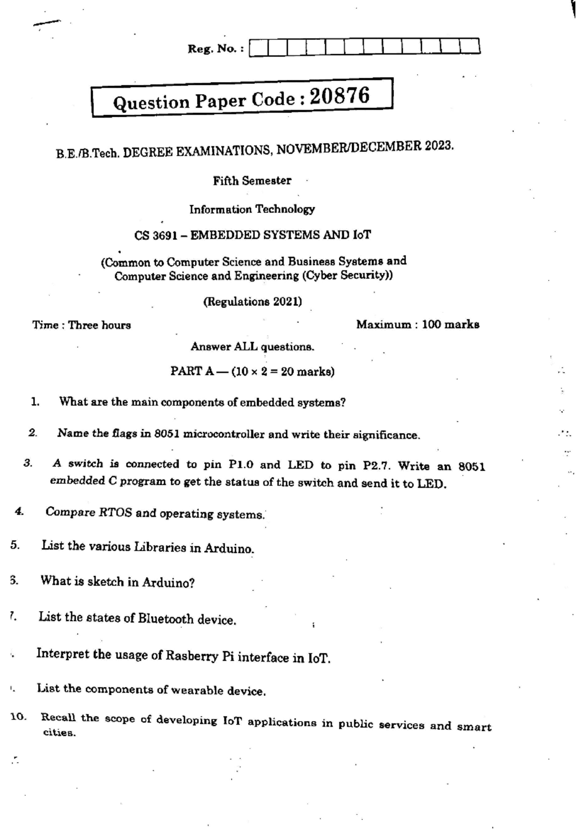 Embedded system and iot University question paper - Reg. No. : Question ...