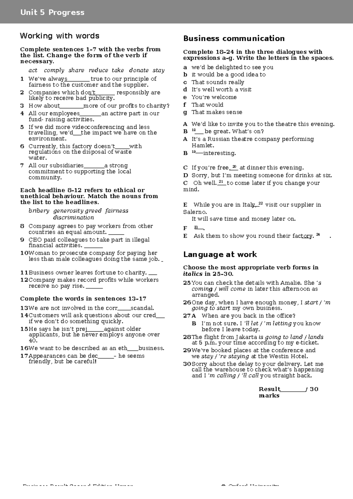 BR2e Upp Int Unit5 progress test - Unit 5 Progress test Business Result ...
