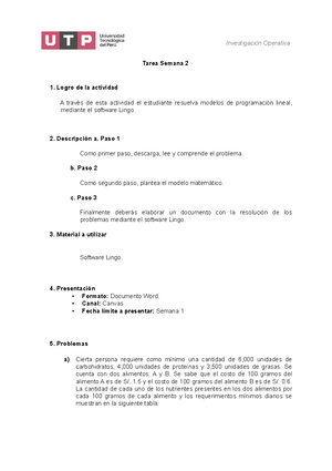 Semana 8 - Tarea - Ejercicios - Investigación Operativa Tarea 1. Logro ...