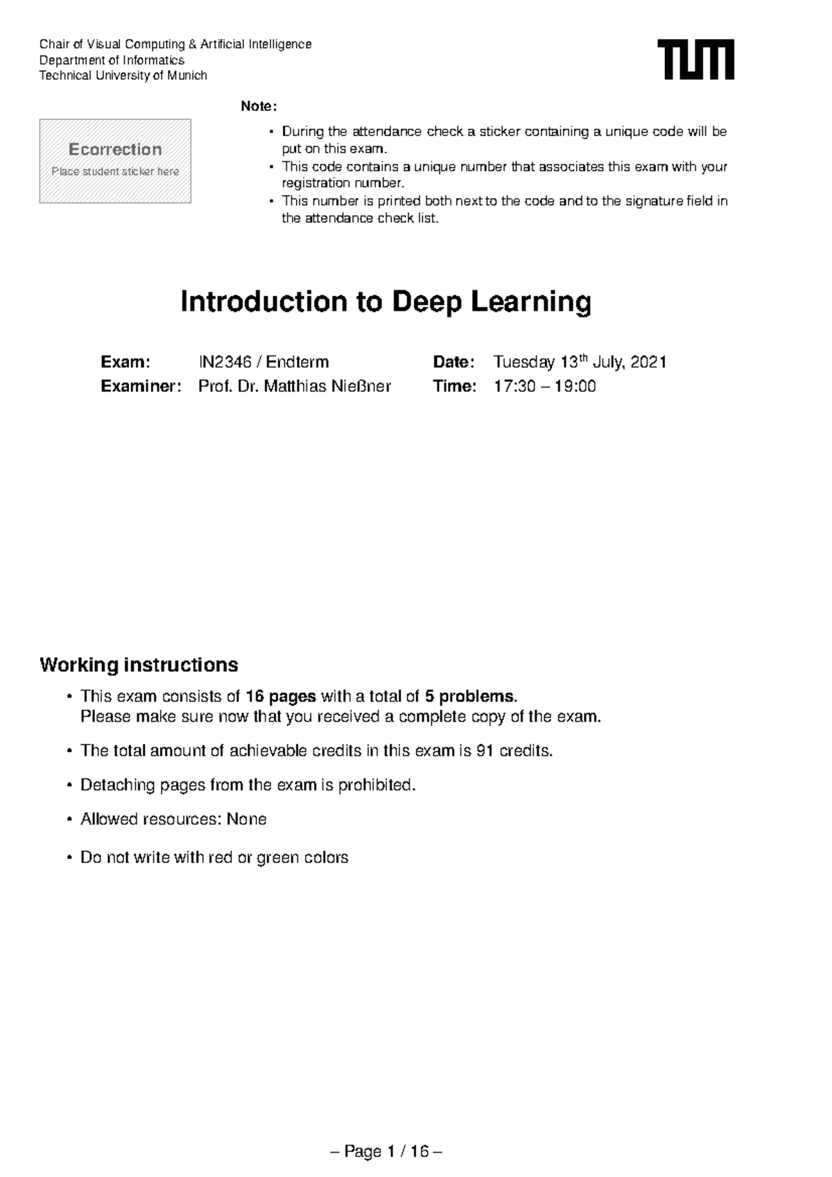 2021SS Exam Solutions - Introduction to Deep Learning - TUM - Studocu