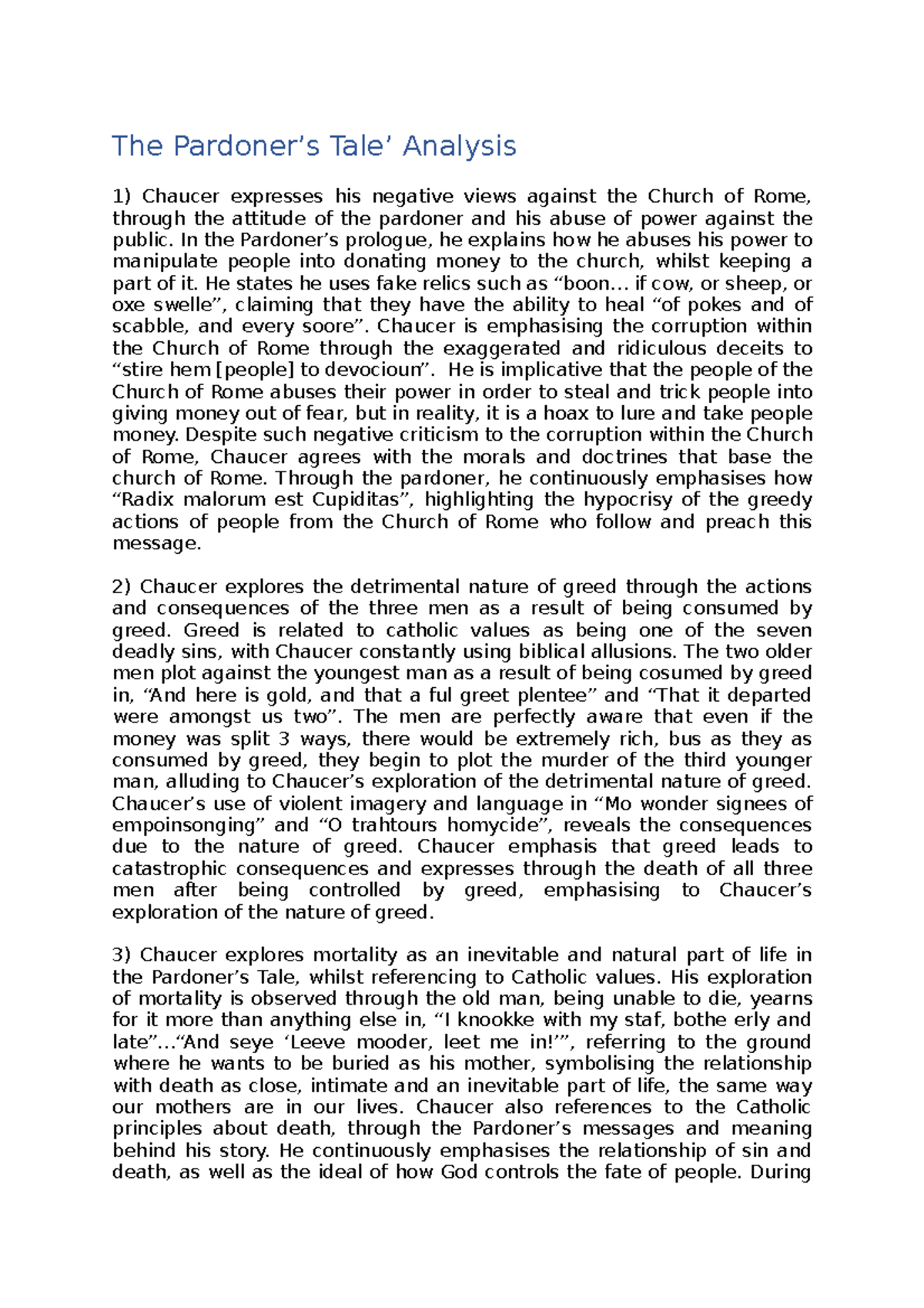 The Pardoner’s Tale’ Analysis - The Pardoner’s Tale’ Analysis Chaucer ...