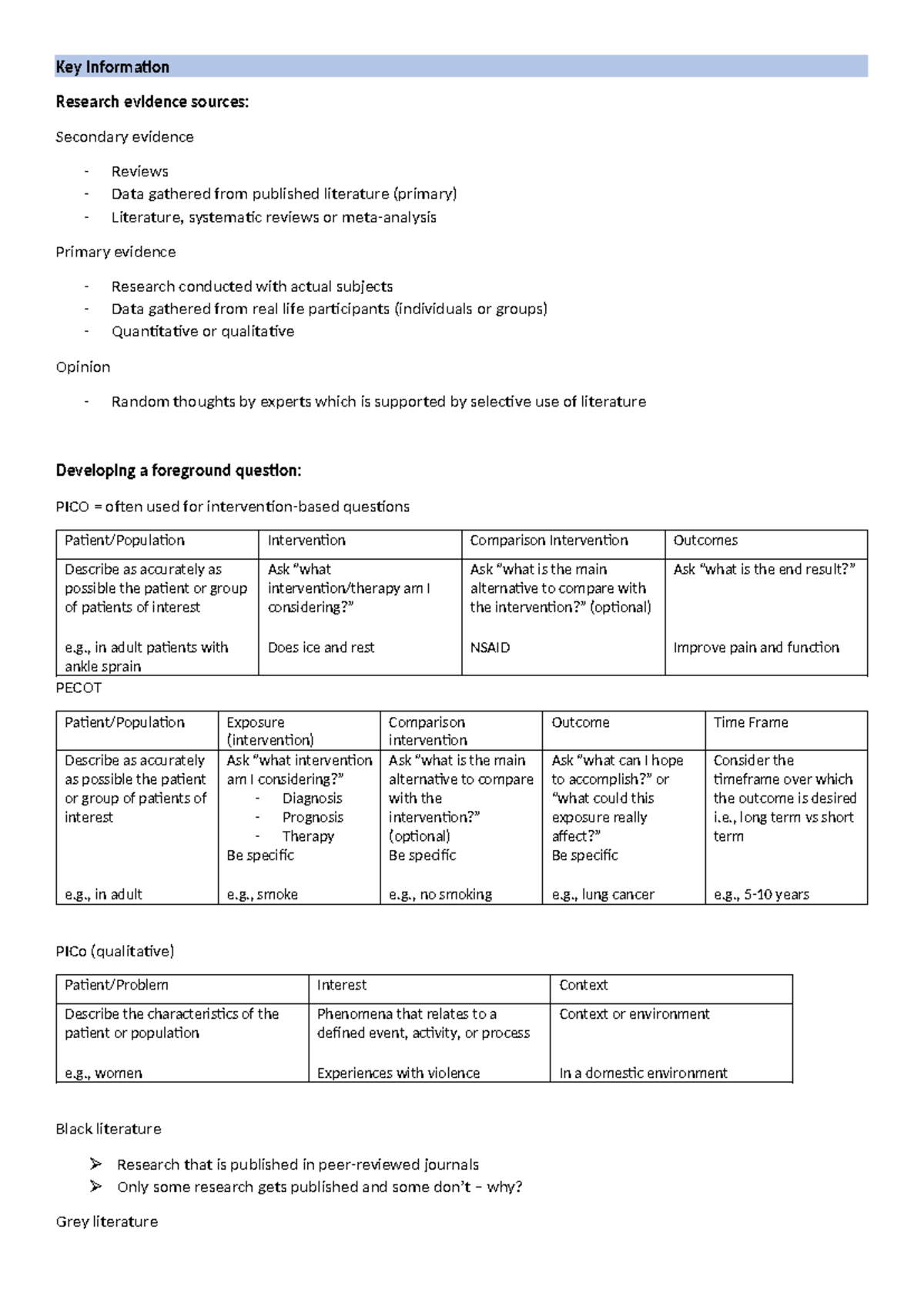 Summary of all important terms for EBP - Key information Research ...