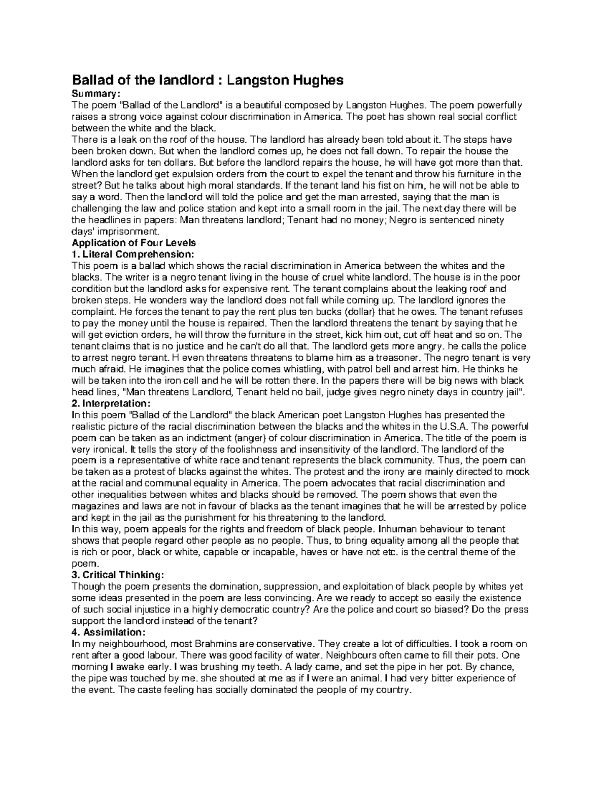 business communication - Ballad of the landlord : Langston Hughes ...