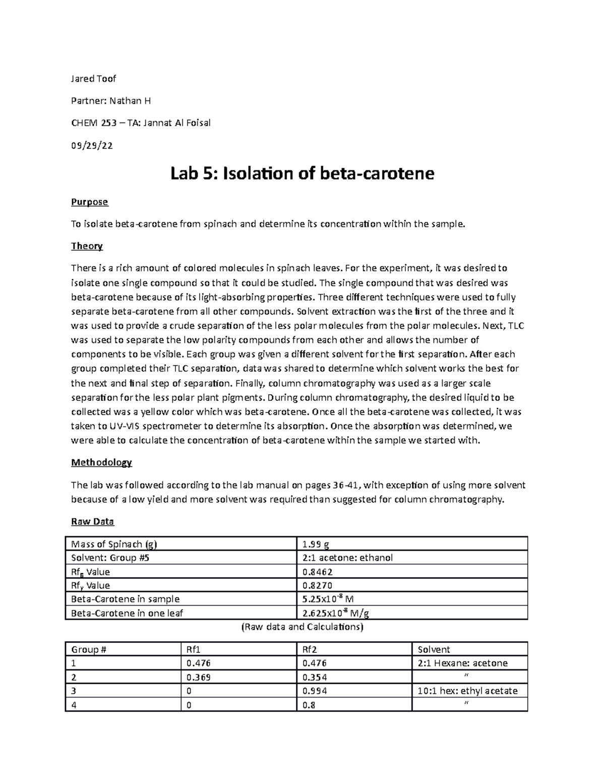 Lab Report-Experiment 5 - Jared Toof Partner: Nathan H CHEM 253 – TA: Jannat Al Foisal 09/29 ...