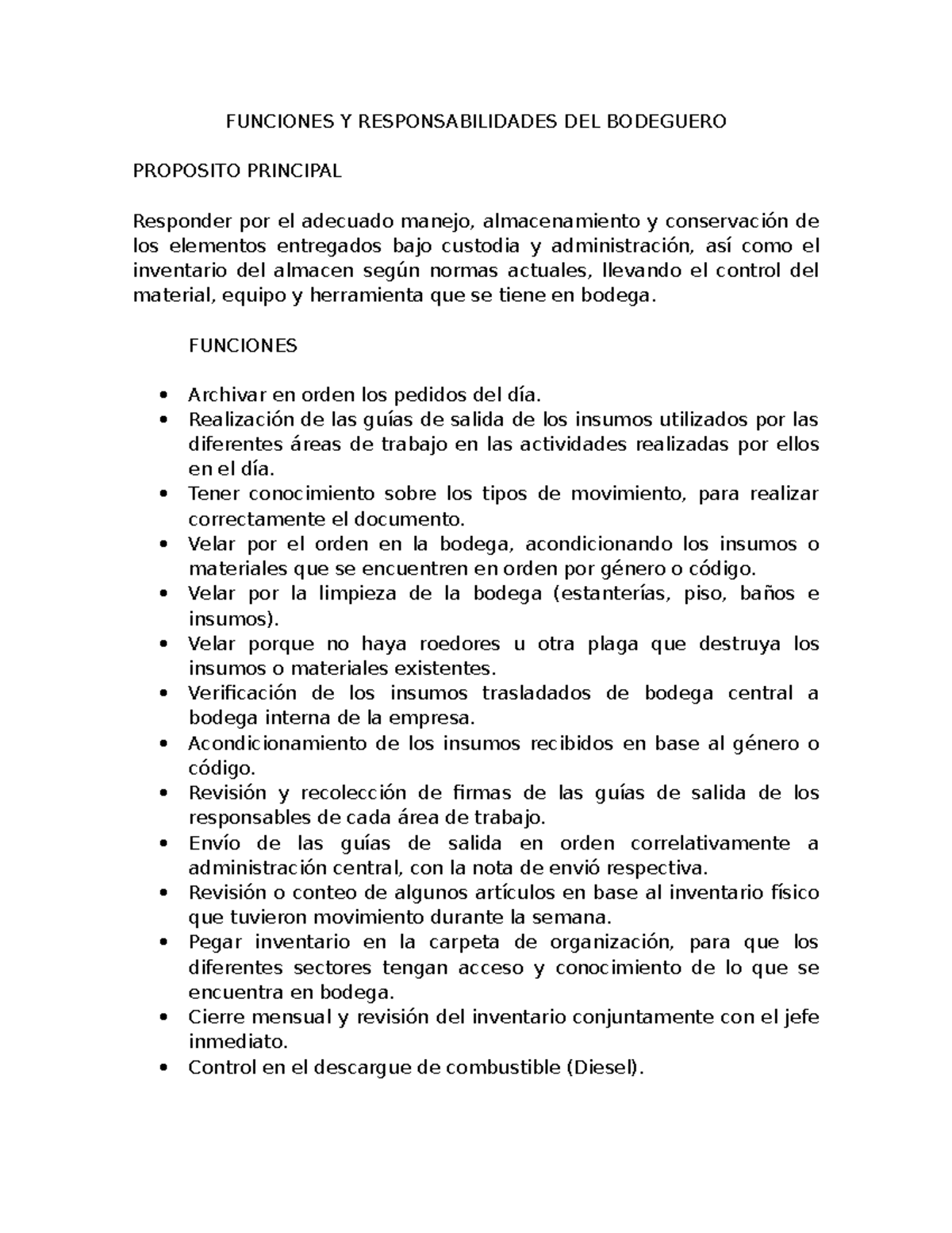 Funciones del Bodeguero - FUNCIONES Y RESPONSABILIDADES DEL BODEGUERO PROPOSITO PRINCIPAL ...