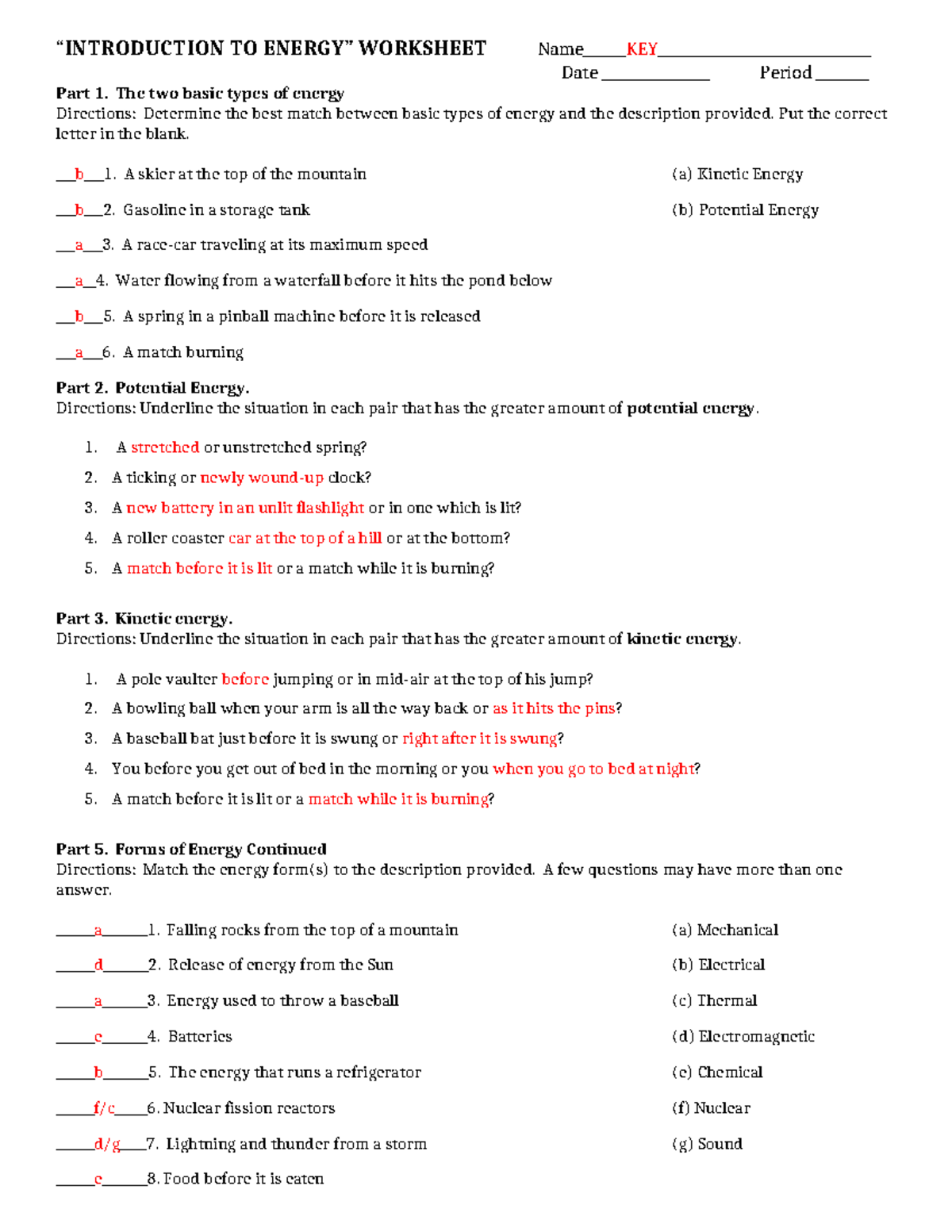 Ilide - “INTRODUCTION TO ENERGY” WORKSHEET Name KEY Date Period Part 1 ...