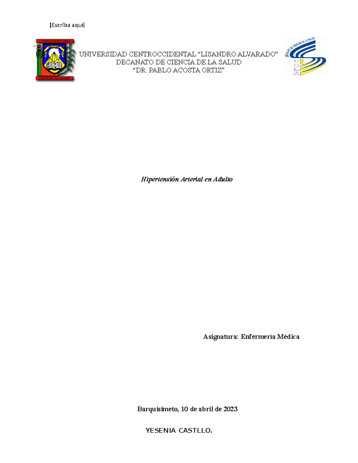 Hipertension Arterial (HTA) - UNIVERSIDAD CENTROCCIDENTAL “LISANDRO ...