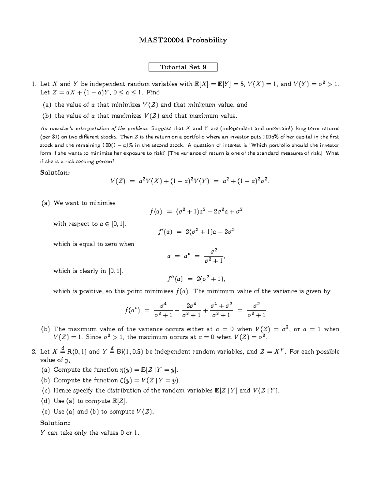 Tutorial 9 Solutions 2020 S2 - MAST20004 Probability Tutorial Set 9 ...