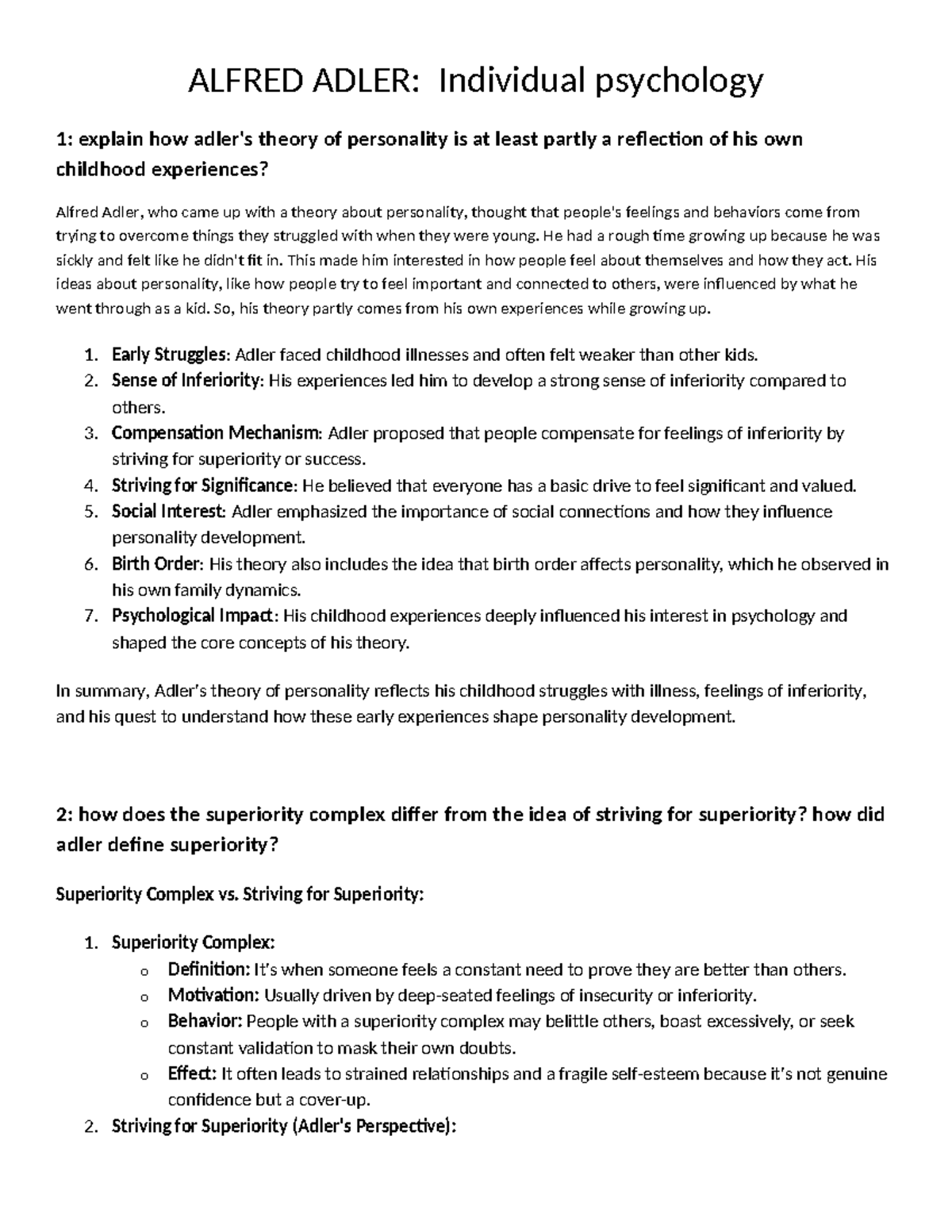 Alfred Adler - notes - ALFRED ADLER: Individual psychology 1: explain ...