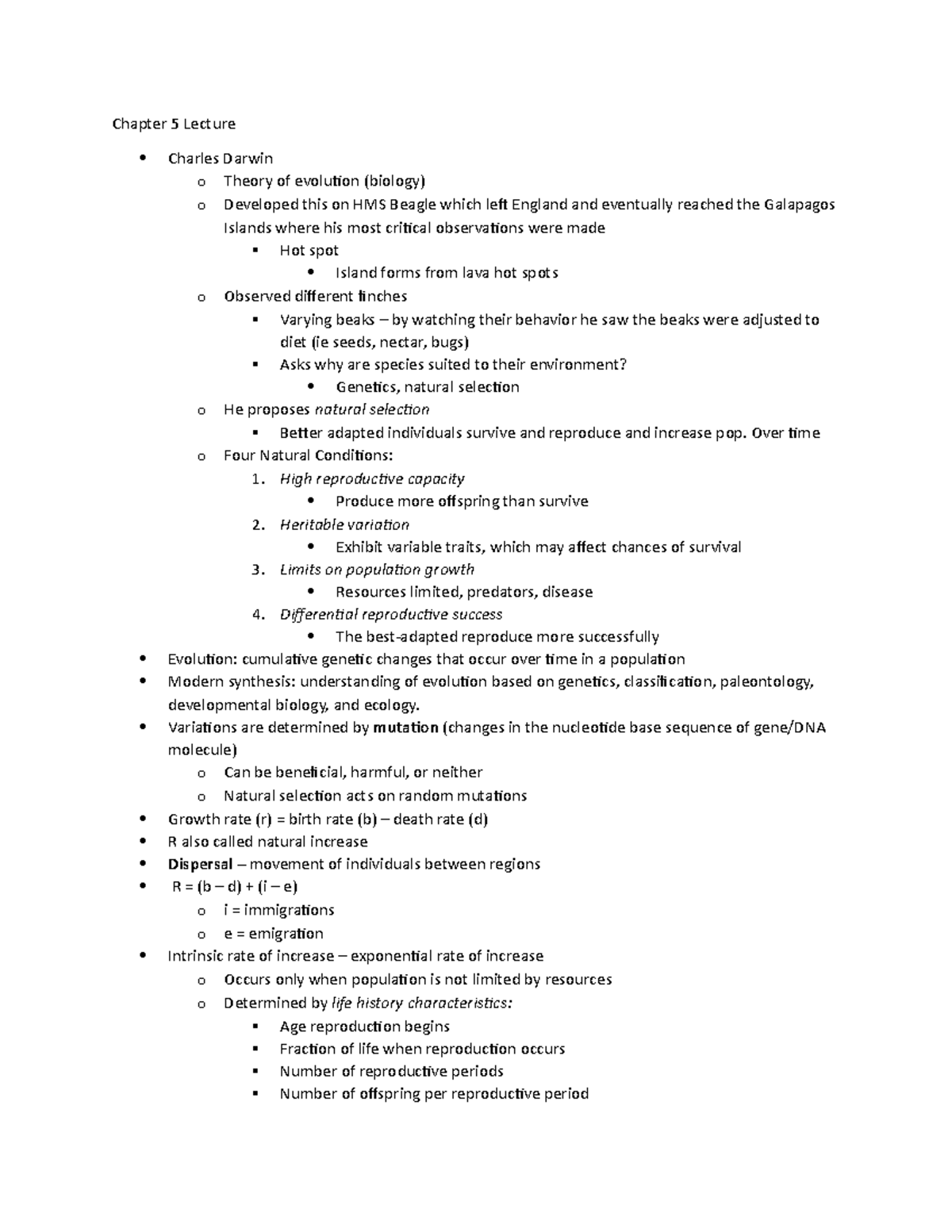Evolution and Population Ecology - Chapter 5 Lecture Charles Darwin o ...