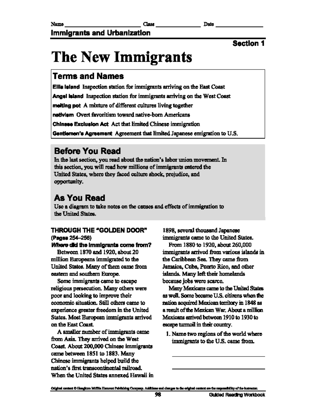 Topic 6- Guided Reading - Name Class Date Immigrants and Urbanization ...