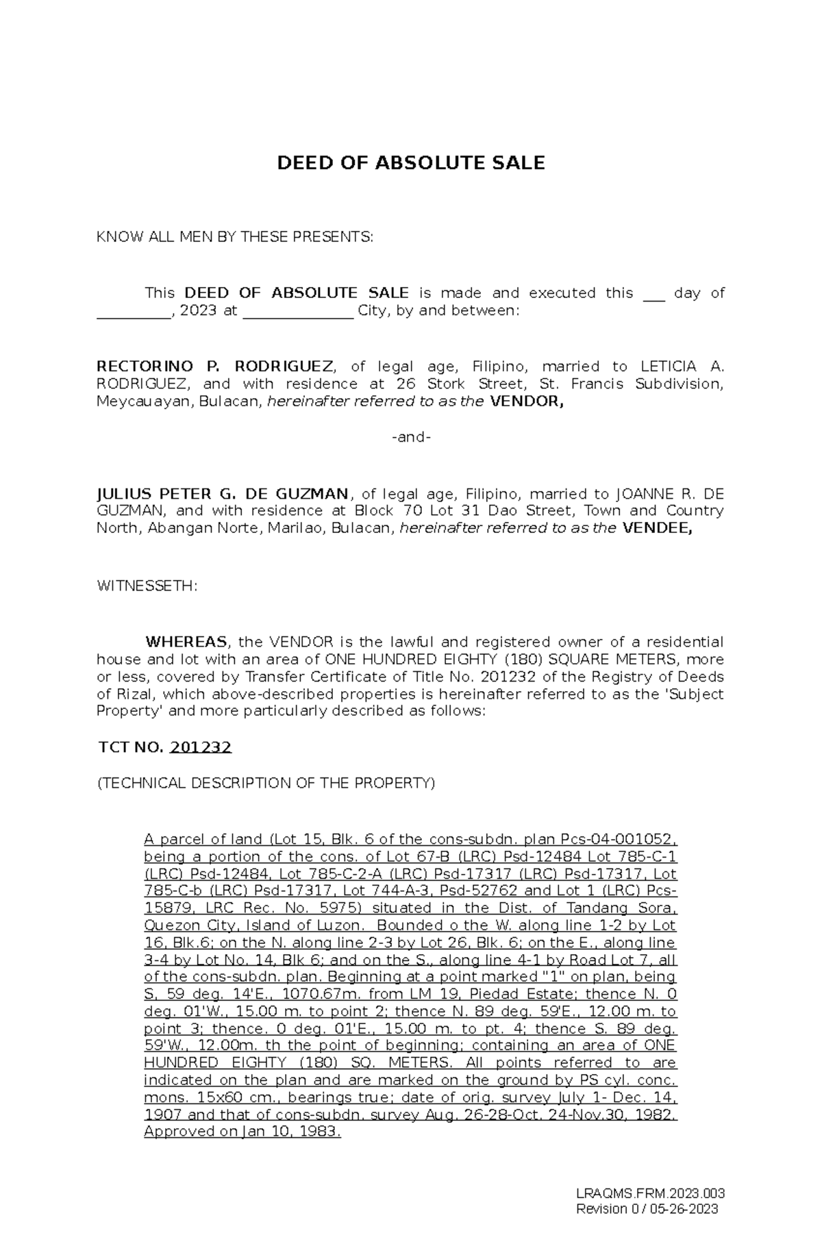 DEED OF Absolute SALE Annex C - DEED OF ABSOLUTE SALE KNOW ALL MEN BY THESE PRESENTS: This DEED ...