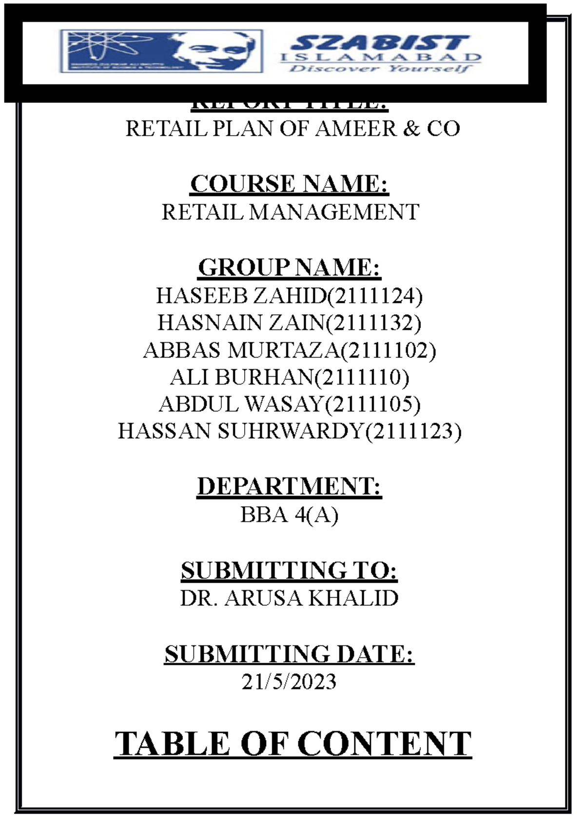 RM report - Notes - REPORT TITLE: RETAIL PLAN OF AMEER & CO COURSE NAME ...
