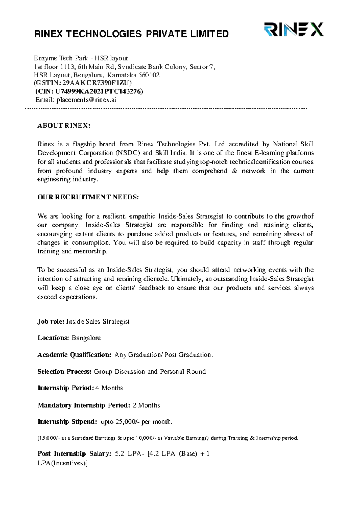 Rinex Technologies PVT LTD - JD - RINEX TECHNOLOGIES PRIVATE LIMITED ...