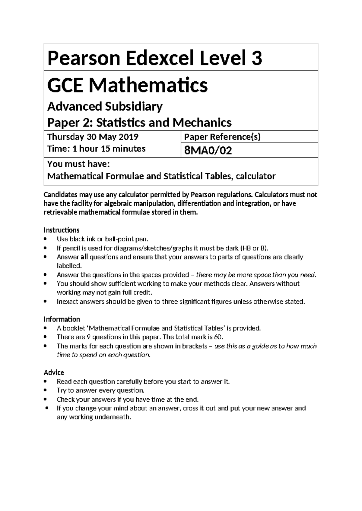 8MA0-32 AS Mechanics - Shadow Paper 2019 - Pearson Edexcel Level 3 GCE Mathematics Advanced ...