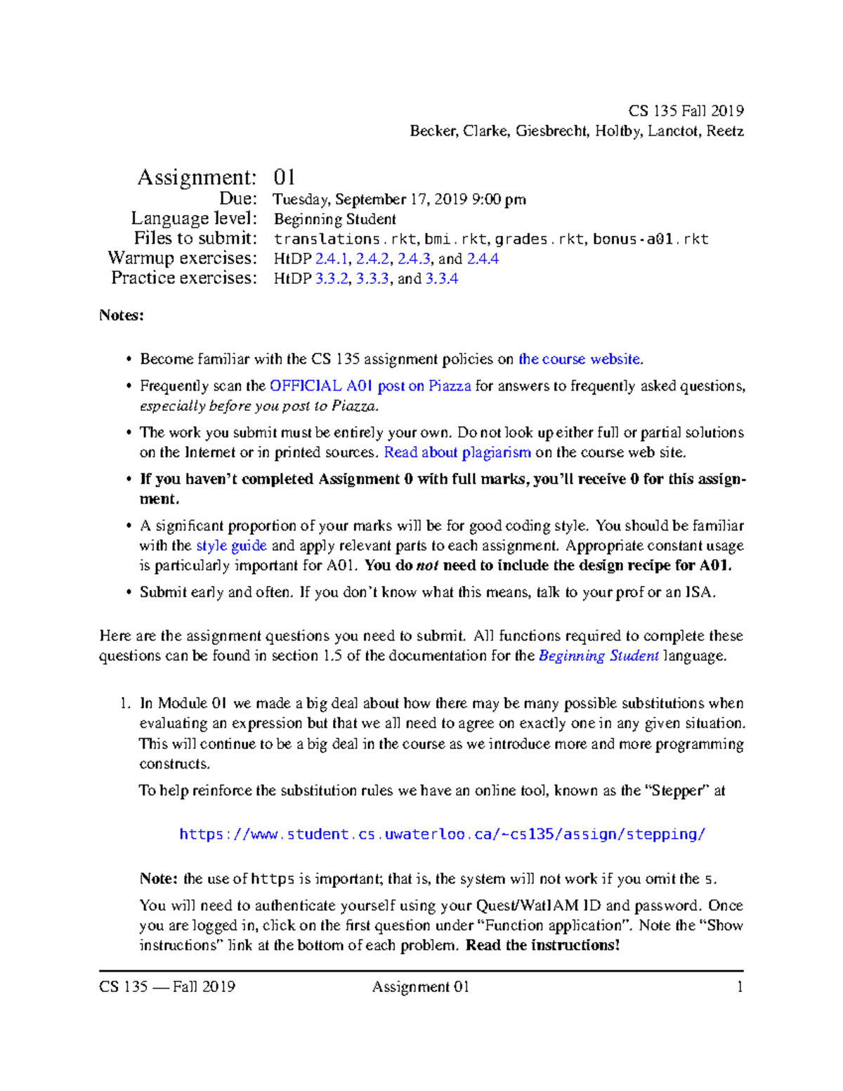 A01 - cs135 a1 - CS 135 Fall 2019 Becker, Clarke, Giesbrecht, Holtby, Lanctot, Reetz Assignment ...