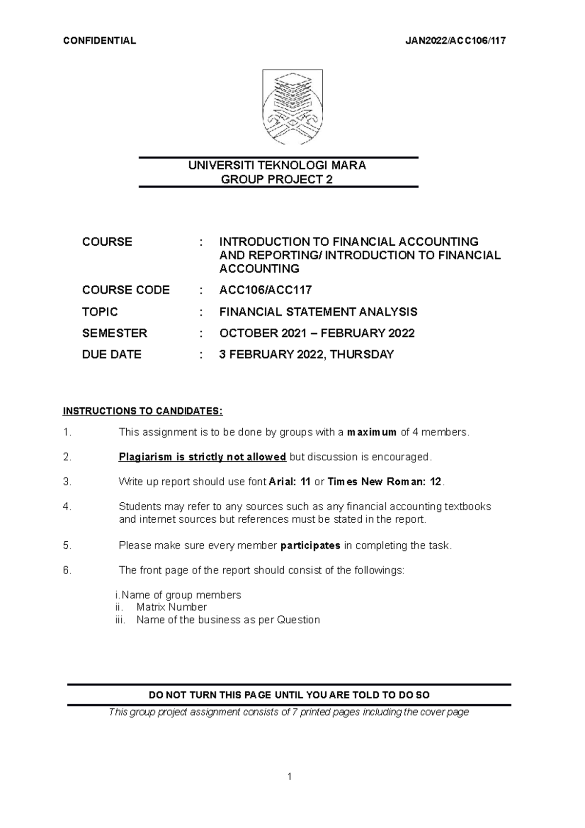 ACC106 117 Groupproject 2 JAN2022 Question - UNIVERSITI TEKNOLOGI MARA ...