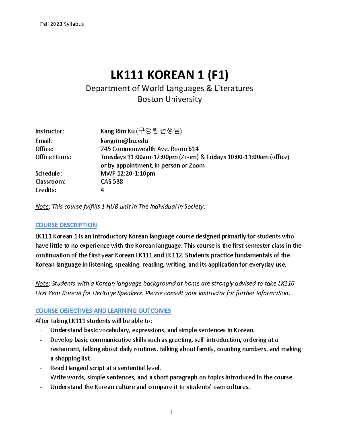 LK111F1 Syllabus (Fall 2023) - LK111 KOREAN 1 (F1) Department of World ...