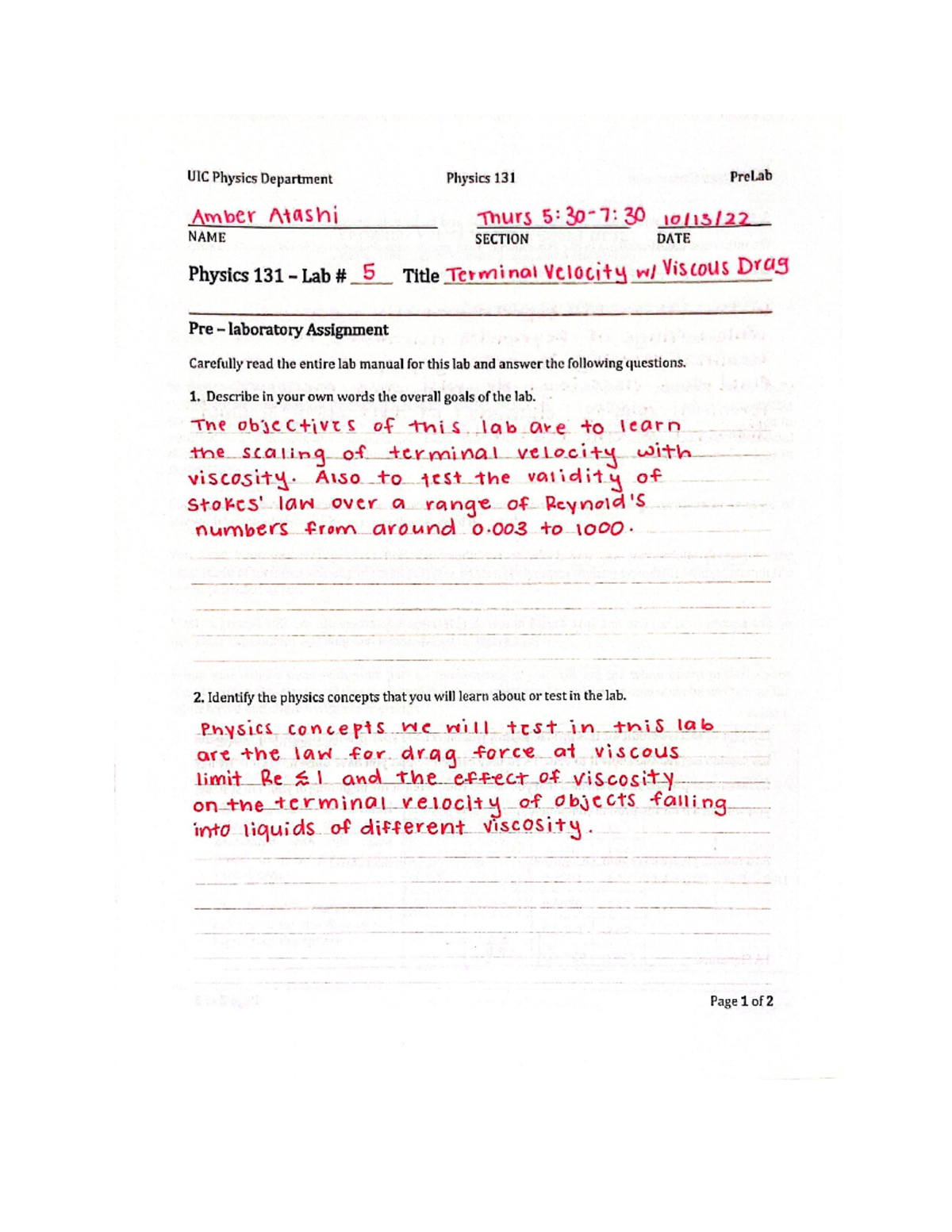 Terminal velocity and viscous drag lab - PHYS 132 - Studocu