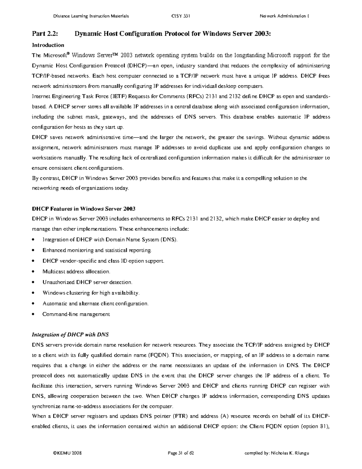 BBIT 445 CISY 331 Network Administration I Module 5 - Part 2: Dynamic Host Configuration ...