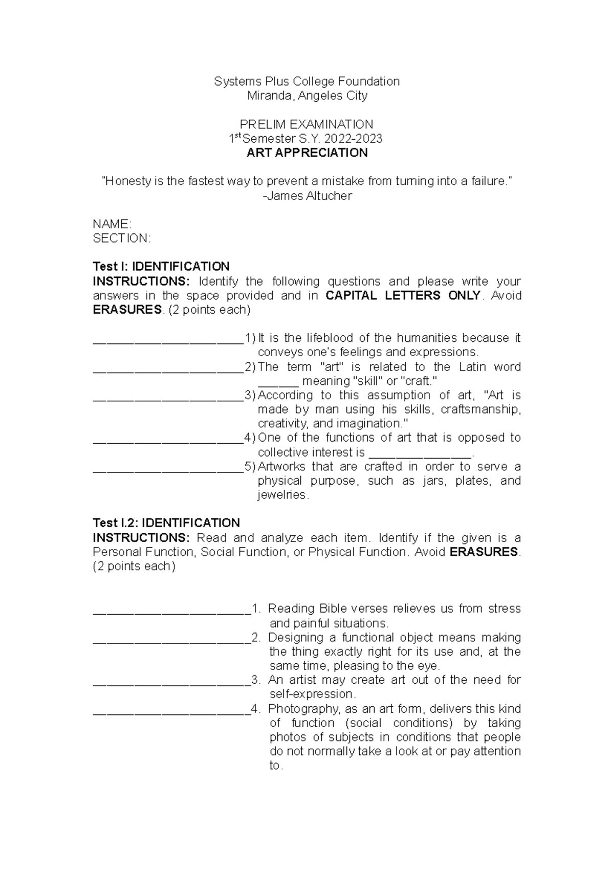 Preliminary exam - Hey Hey Hey - Systems Plus College Foundation ...