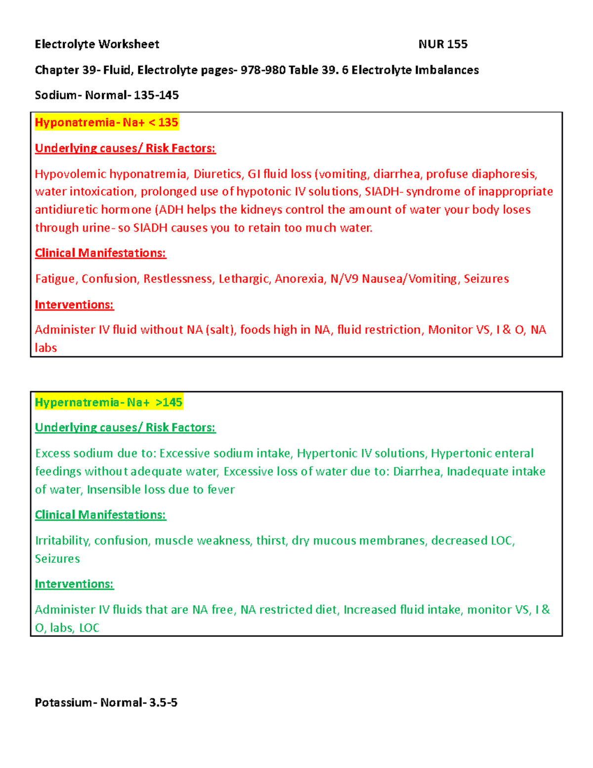 Electrolyte Worksheet NUR 155 spring 23 - Electrolyte Worksheet NUR 155 ...