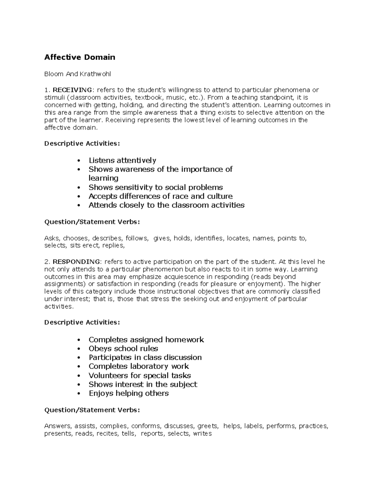 Affective Domain - Affective Domain Bloom And Krathwohl 1. RECEIVING ...