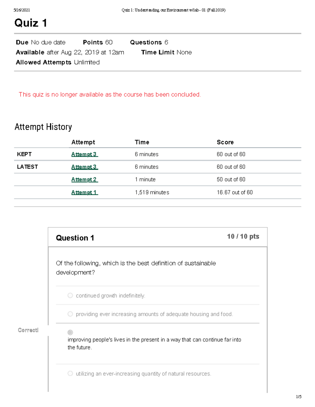 Quiz 1 Understanding our Environment w lab - 01 (Fall 2019 ) - Quiz 1 ...