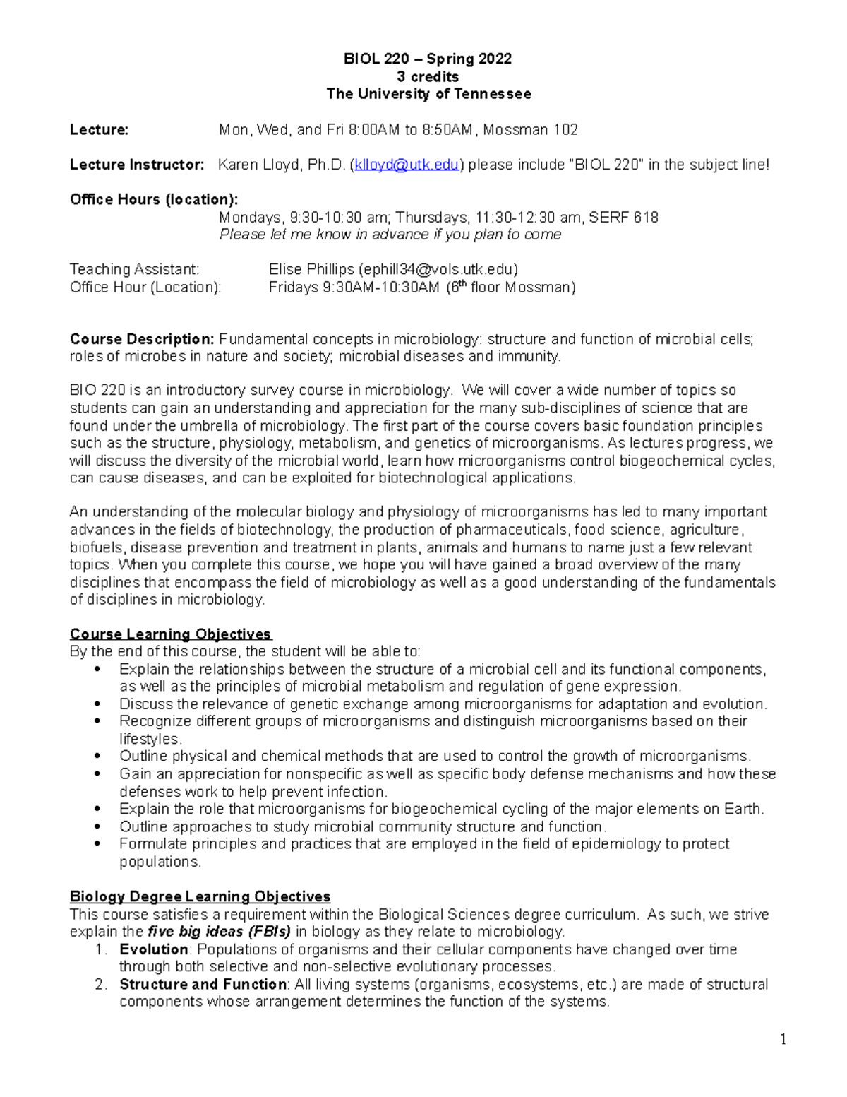 Syllabus - BIOL 220 - BIOL 220 – Spring 2022 3 credits The University of Tennessee Lecture: Mon ...