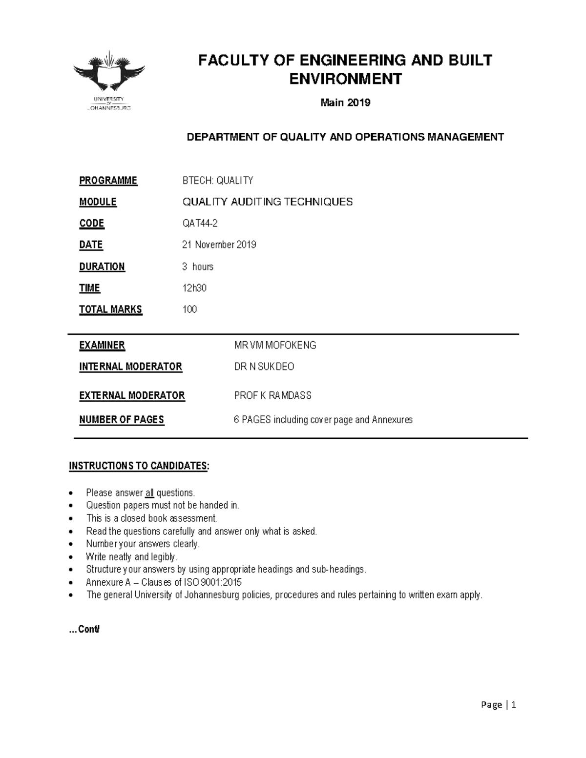 Uj 37257+ Source 1+ Source 1 - PROGRAMME BTECH: QUALITY MODULE QUALITY ...